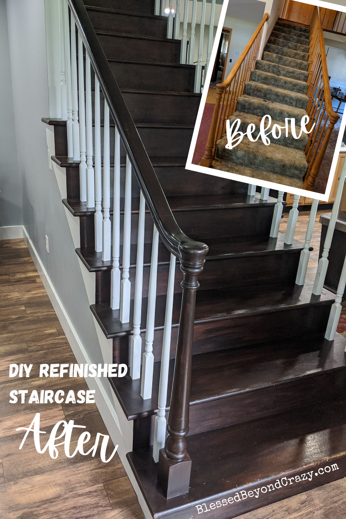 DIY Refinished Staircase - Before and After Pictures - Blessed Beyond Crazy